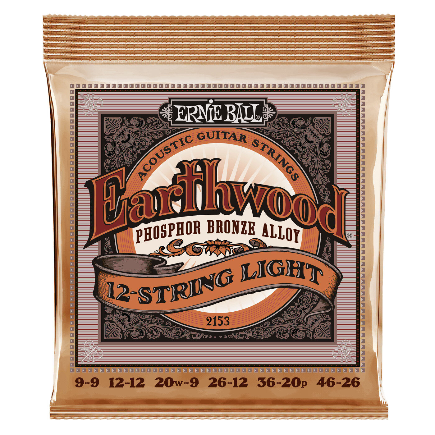 Струны для 12-струнной акустической гитары ERNIE BALL 2153 Earthwood Phosphor Bronze (9-9 - 46-26) обмотка - фосфорная бронза, Light лёгкое натяжение.