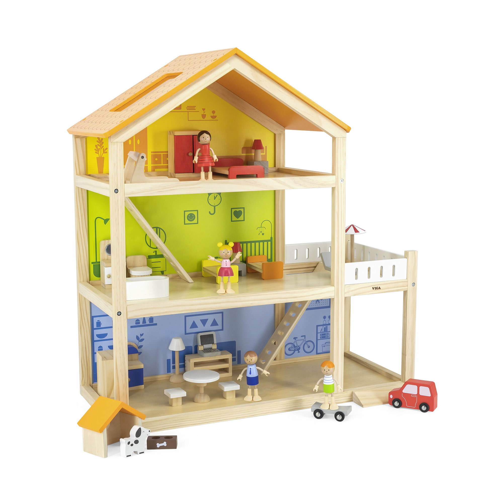 Игровой набор Viga Toys Деревянный трехэтажный дом для кукол с мебелью и фигурками, VG44569