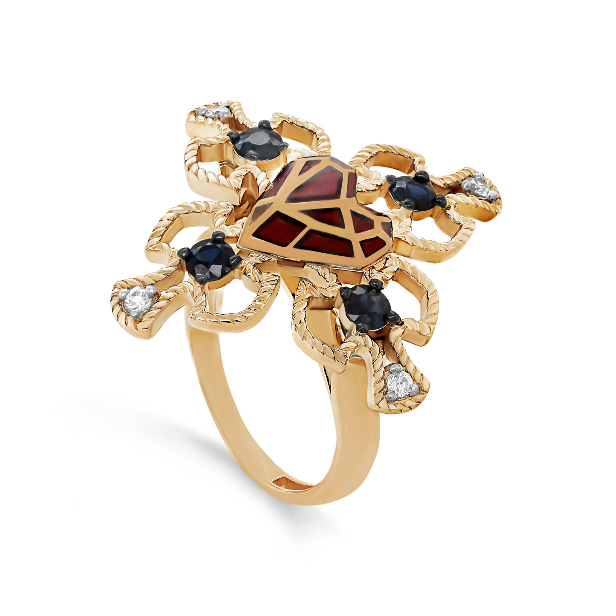 Кольцо, желтое золото, 585 проба, сапфир, бриллиант