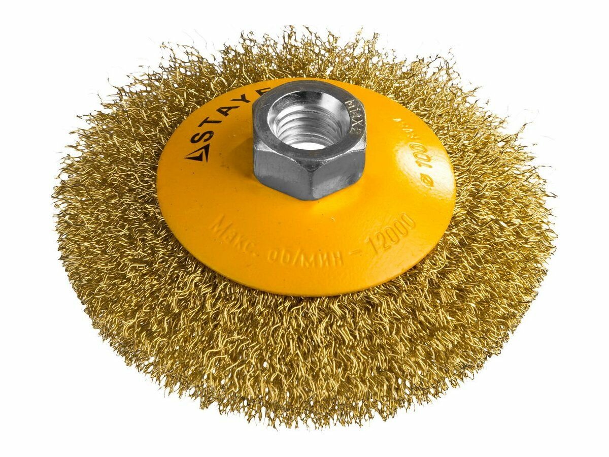 Щетка коническая для УШМ витая стальная латунированная проволока 100 мм М14 Stayer PROFI 35133-100