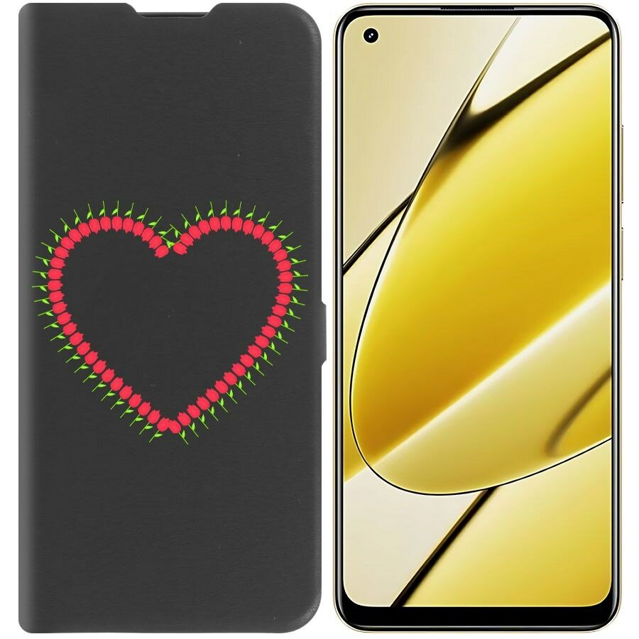 Чехол-книжка Krutoff Eco Book для Realme 11 4G Сердце из тюльпанов (черный)