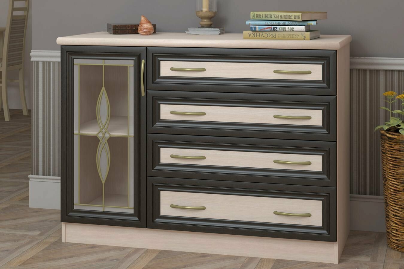 Комод №3 120х50х90 дуб млечный, рамка резная МДФ венге цаво, витражное стекло