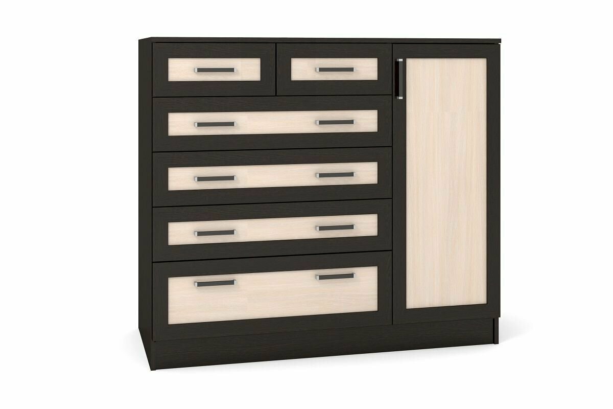 Комод К-9 120х50х108 венге цаво, дуб млечный, рамка квадро, 6 ящиков и дверца справа