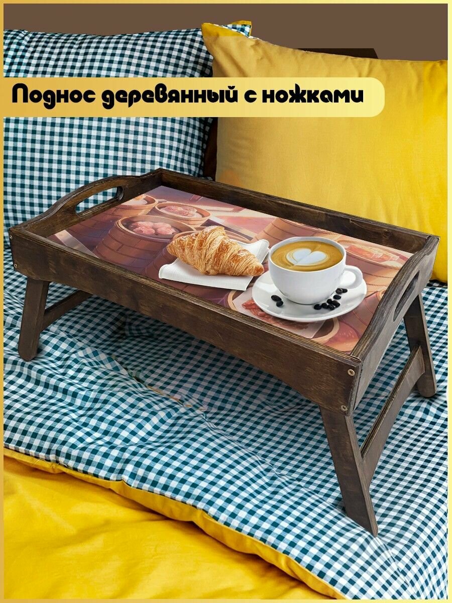 Деревянный поднос на ножках с рисунком еда - 192