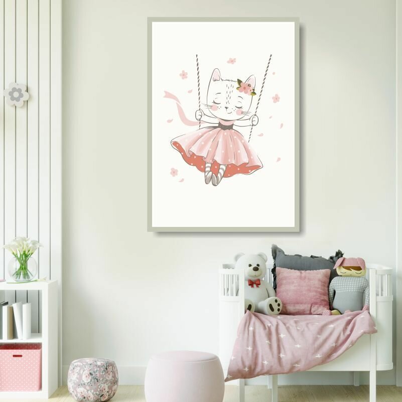 Постер для интерьера на стену Кошка На Качелях для детской Вертикальный 50х70 см в тубусе ПолиЦентр