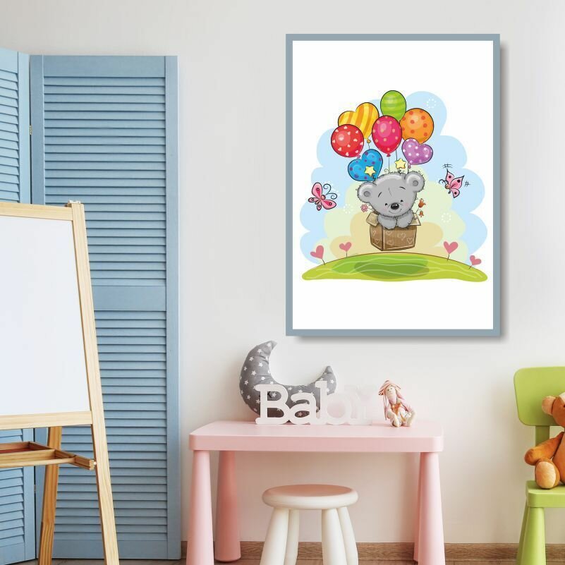 Постер для интерьера Летящий На Воздушном Шаре Медвежонок на стену для детской вертикальный 50х70 см в тубусе ПолиЦентр