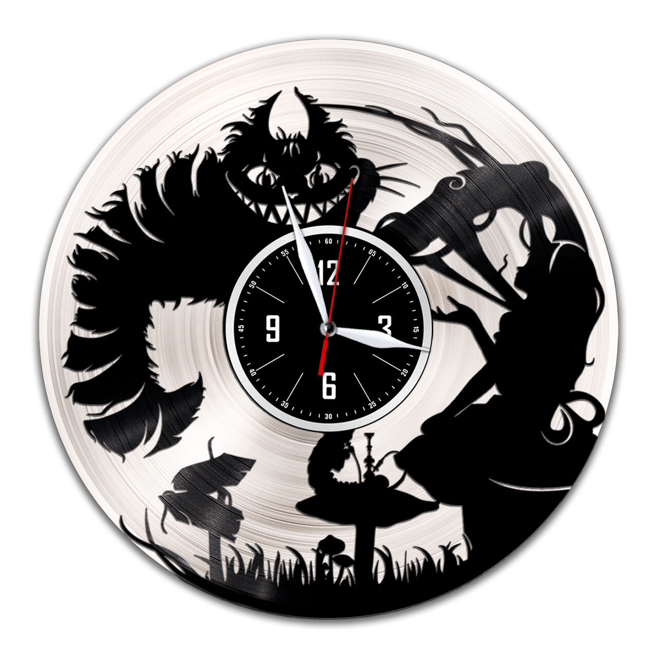 Алиса в стране чудес - настенные часы из виниловой пластинки (с серебряной подложкой)