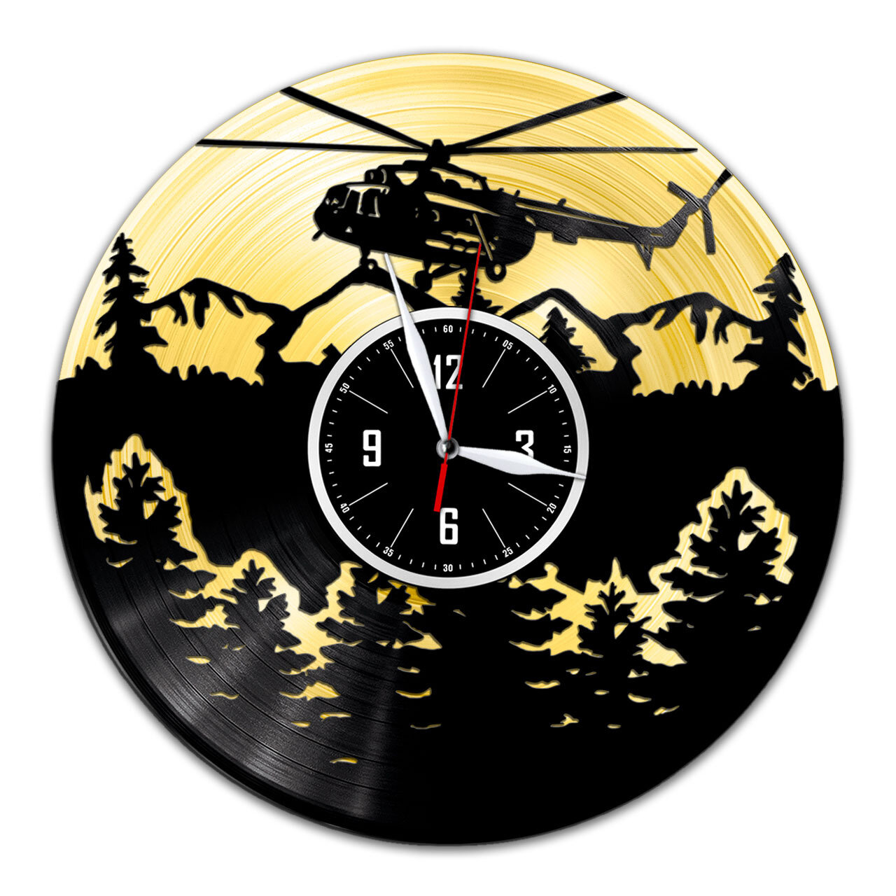 Вертолет - настенные часы из виниловой пластинки (с золотой подложкой)