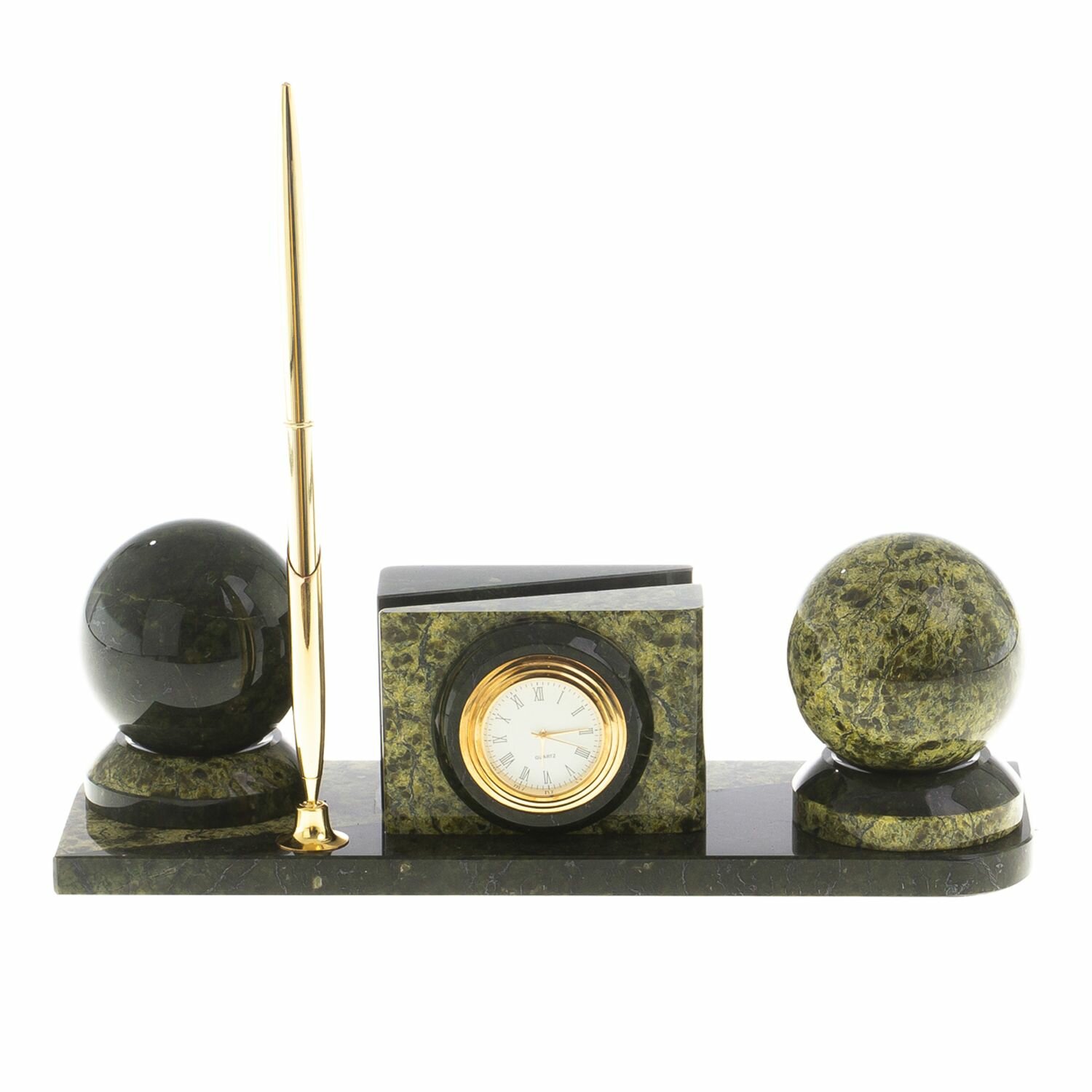 Мини-набор с часами "Два шара" из камня змеевик 124505