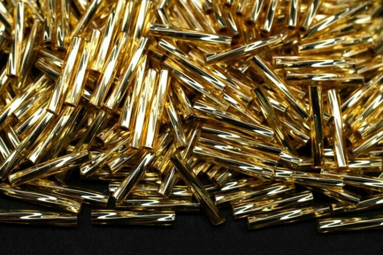 Бисер японский Miyuki Twisted Bugle 12мм #0003 золото, серебряная линия внутри, 10 грамм