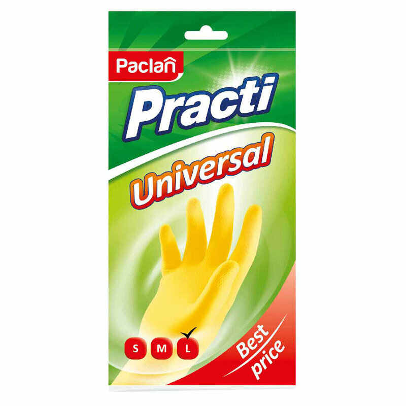 10 уп. Перчатки резиновые хозяйственные Paclan "Practi. Universal" разм. L, хб напыление, желтые, пакет с европодвесом