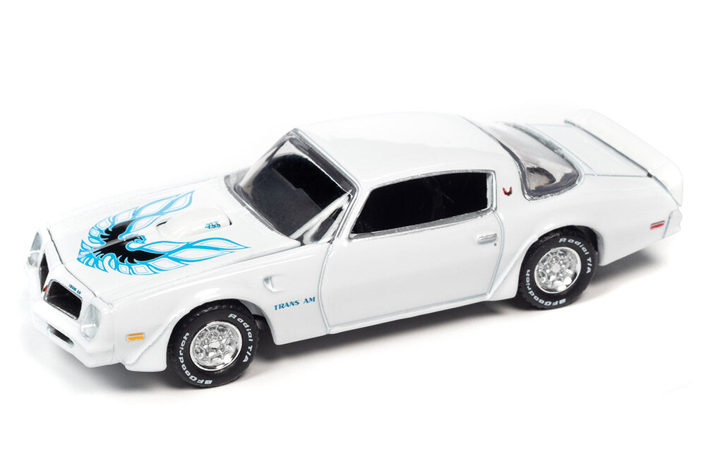Pontiac firebird t/a 1976 cameo white with blue & black bird hood graphic (белый с синим и черным) (длина модели 6-10 см)