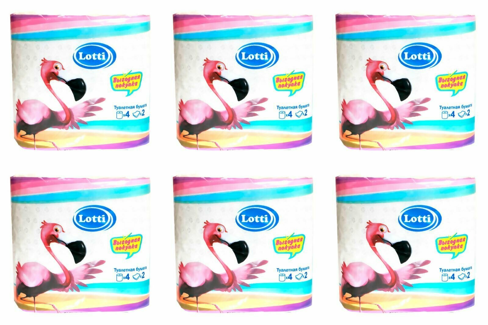 Туалетная бумага, Lotti, фламинго, белая, 2 слоя, 4 шт, 6 уп