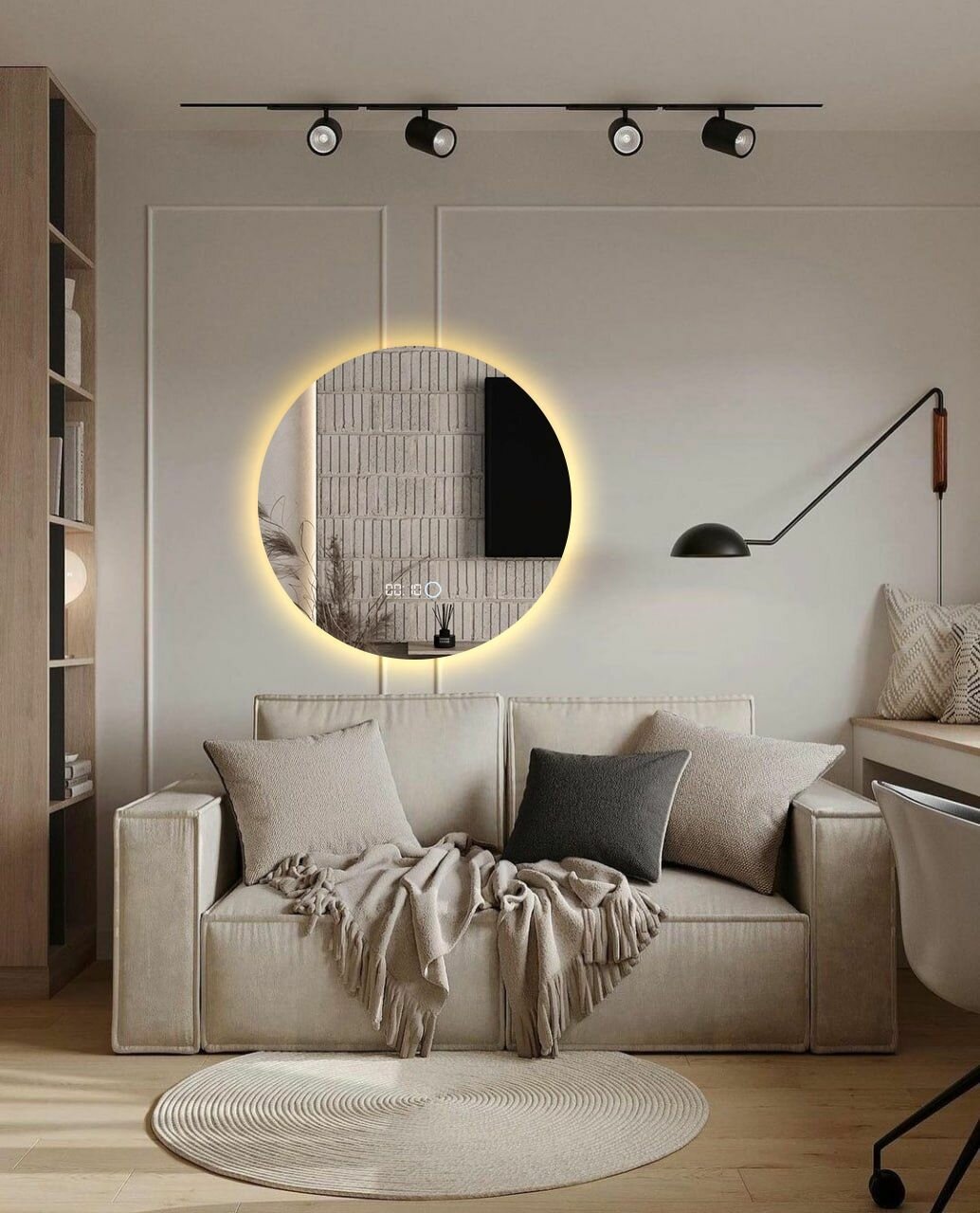 Зеркало для ванной с часами Sun D75 круглое "парящее" с теплой LED-подсветкой