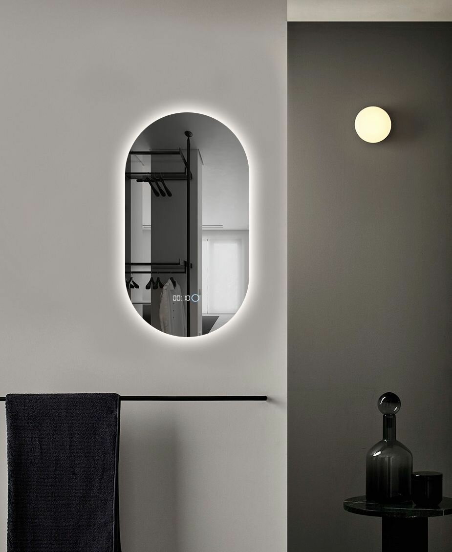 Зеркало для ванной с часами Kapsula 80*40 овальное "парящее" с нейтральной LED-подсветкой