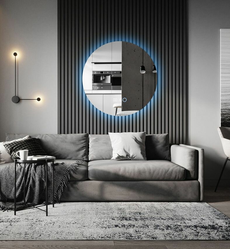 Зеркало для ванной с часами Sun D70 круглое "парящее" с холодной LED-подсветкой