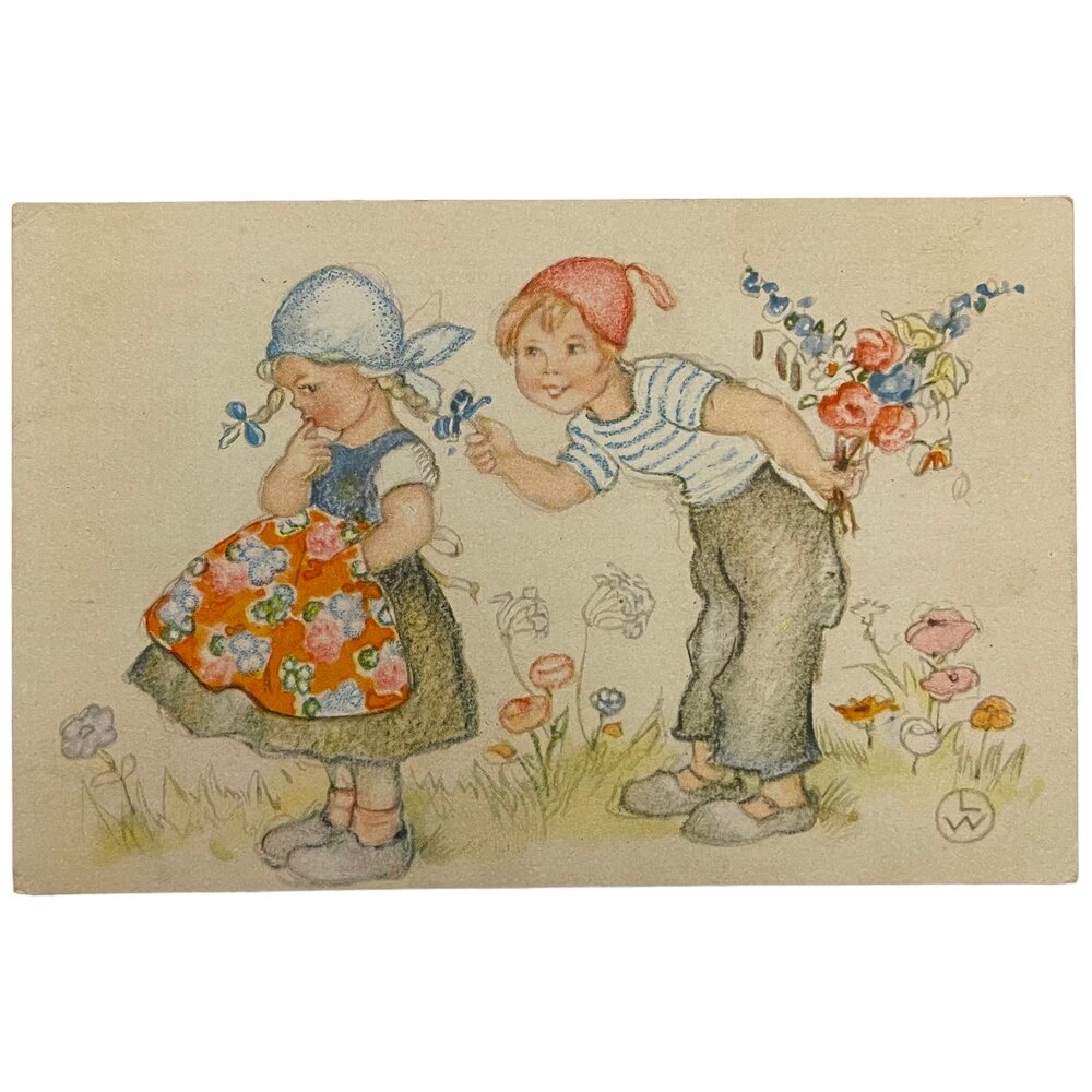 Почтовая открытка "Мальчик дергает девочку за косичку" 1950-1960 гг. ГДР