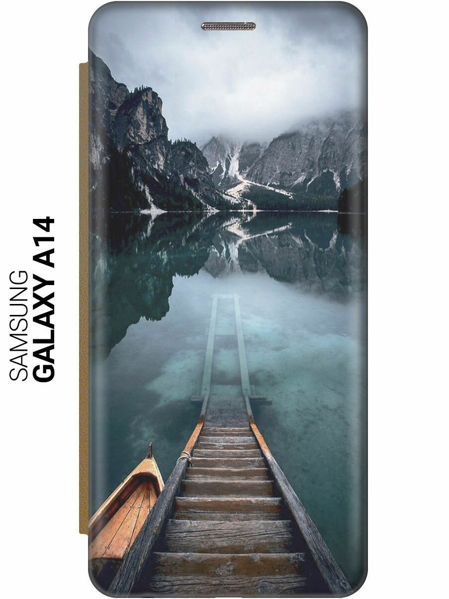 Чехол-книжка на Samsung Galaxy A14, Самсунг А14 c принтом "Горы, озеро, облака" золотистый