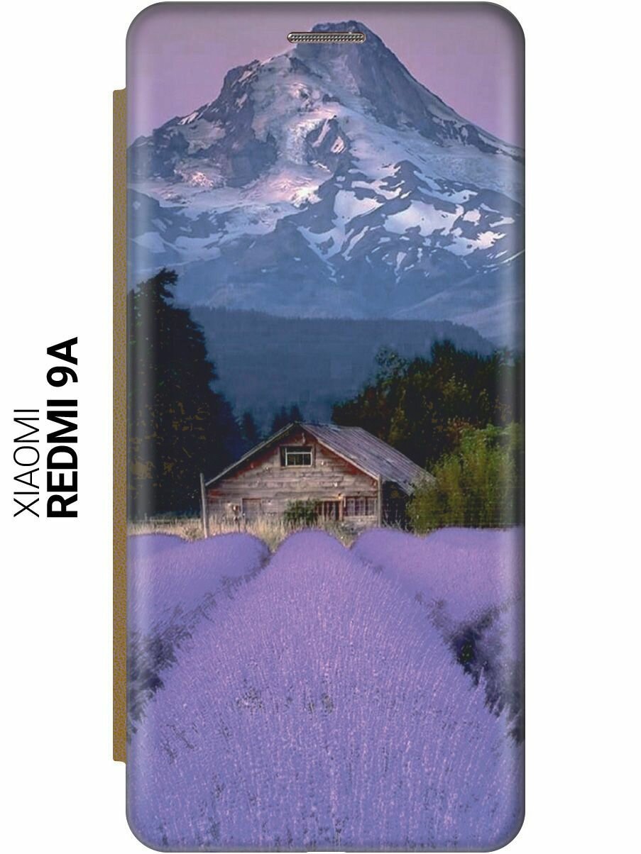 Чехол-книжка на Xiaomi Redmi 9A, Сяоми Редми 9А c принтом "Лавандовое поле в горах" золотистый