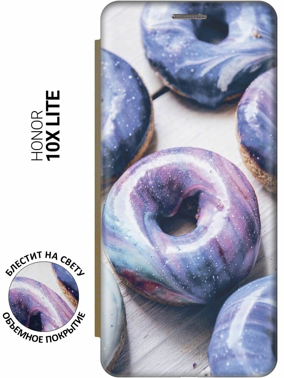 Чехол-книжка на Honor 10x Lite, Хонор 10Х Лайт c принтом "Пончики в сиреневой глазури" золотистый