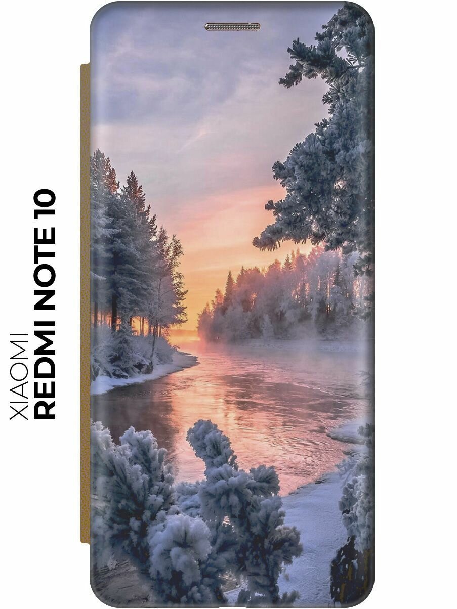 Чехол-книжка Река в заснеженном лесу на Xiaomi Redmi Note 10 / Note 10S / Poco M5s / Сяоми Редми Ноут 10 / Ноут 10С / Поко М5с золотой