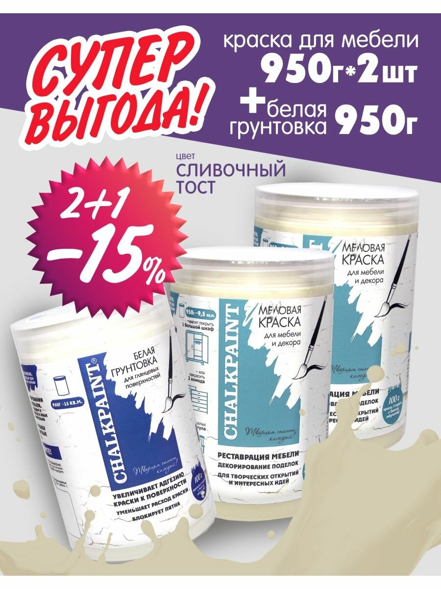 Краска меловая для мебели Chalky Paint, сливочный тост 950 г, 2 шт + грунт 950 г