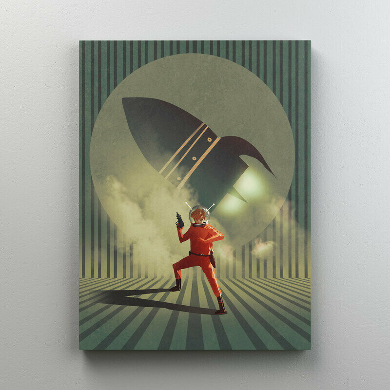 Интерьерная картина на холсте "Супергерой в красном костюме с пистолет над запуском ракеты" размер 30x40 см