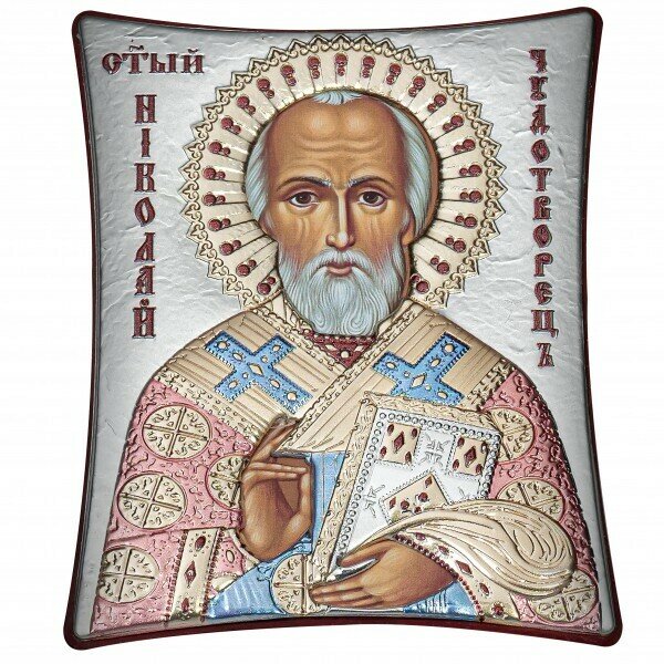 Икона "Николай Угодник" / Николай Чудотворец Мирликийский / Икона на дереве с серебрением / 20x16 см / Греция Slevory / 136TBR6FWD