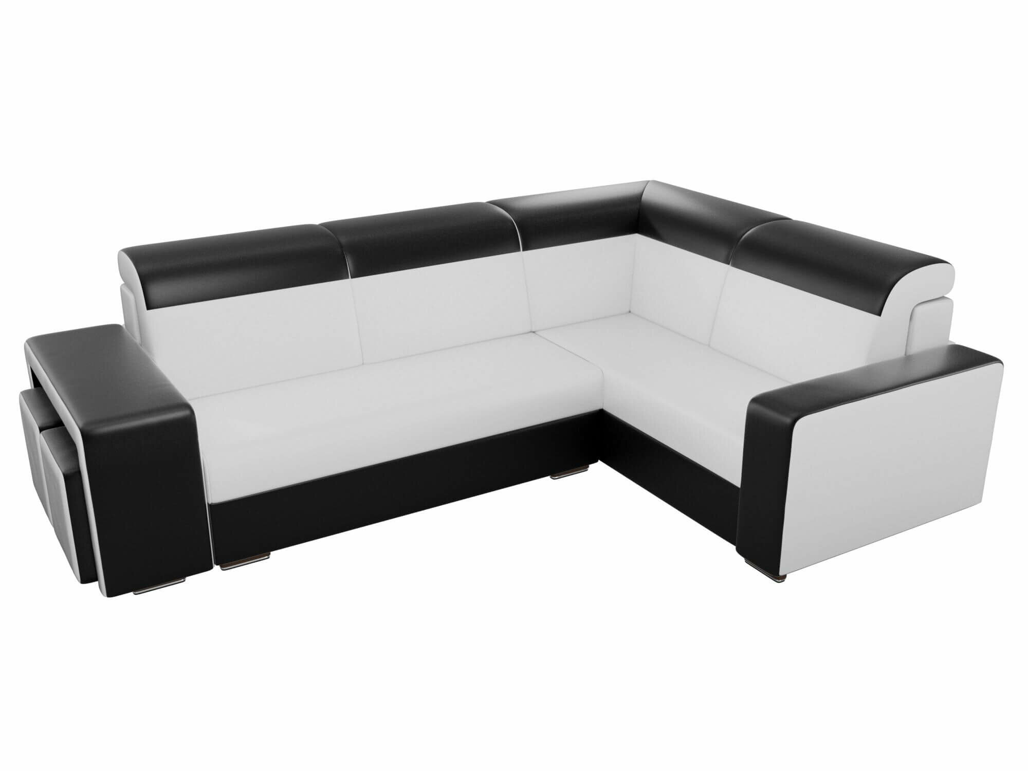Artum Угловой диван Мустанг с двумя пуфами эко кожа белый черный правый