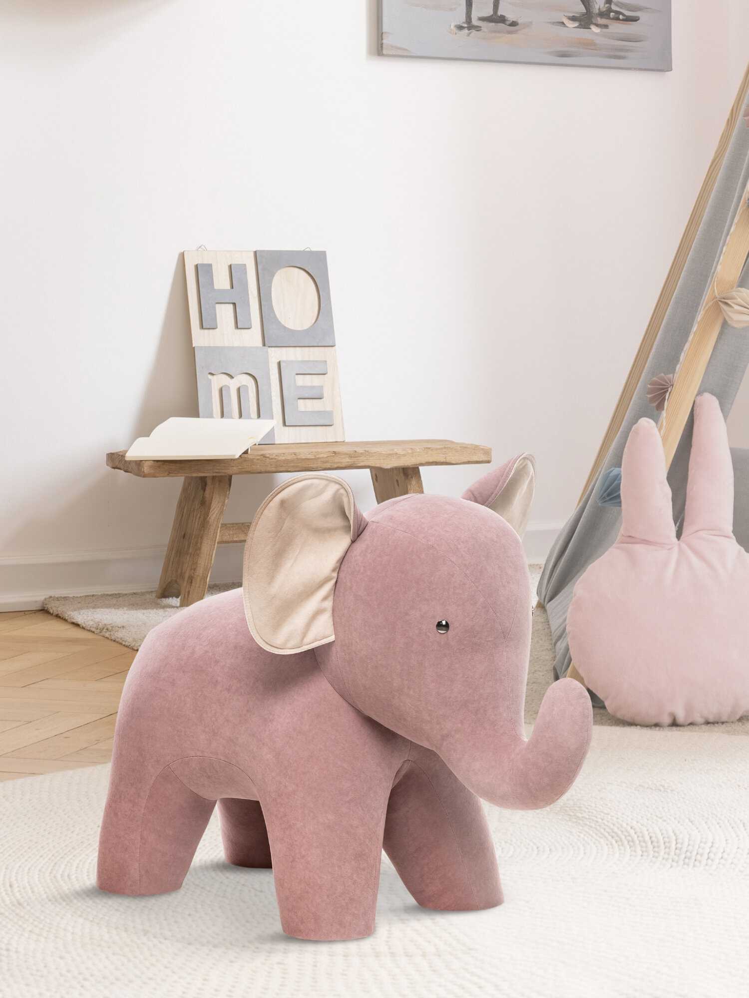 Пуф в детскую Leset Слон, пуфик в прихожую, для ног, ткань велюр розовый Omega 19/Omega 02