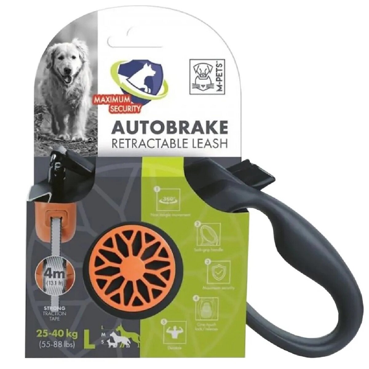 M-PETS Поводок-рулетка с автотормозом, 4 м, до 40 кг, 16,5*12*6 см, оранжевый