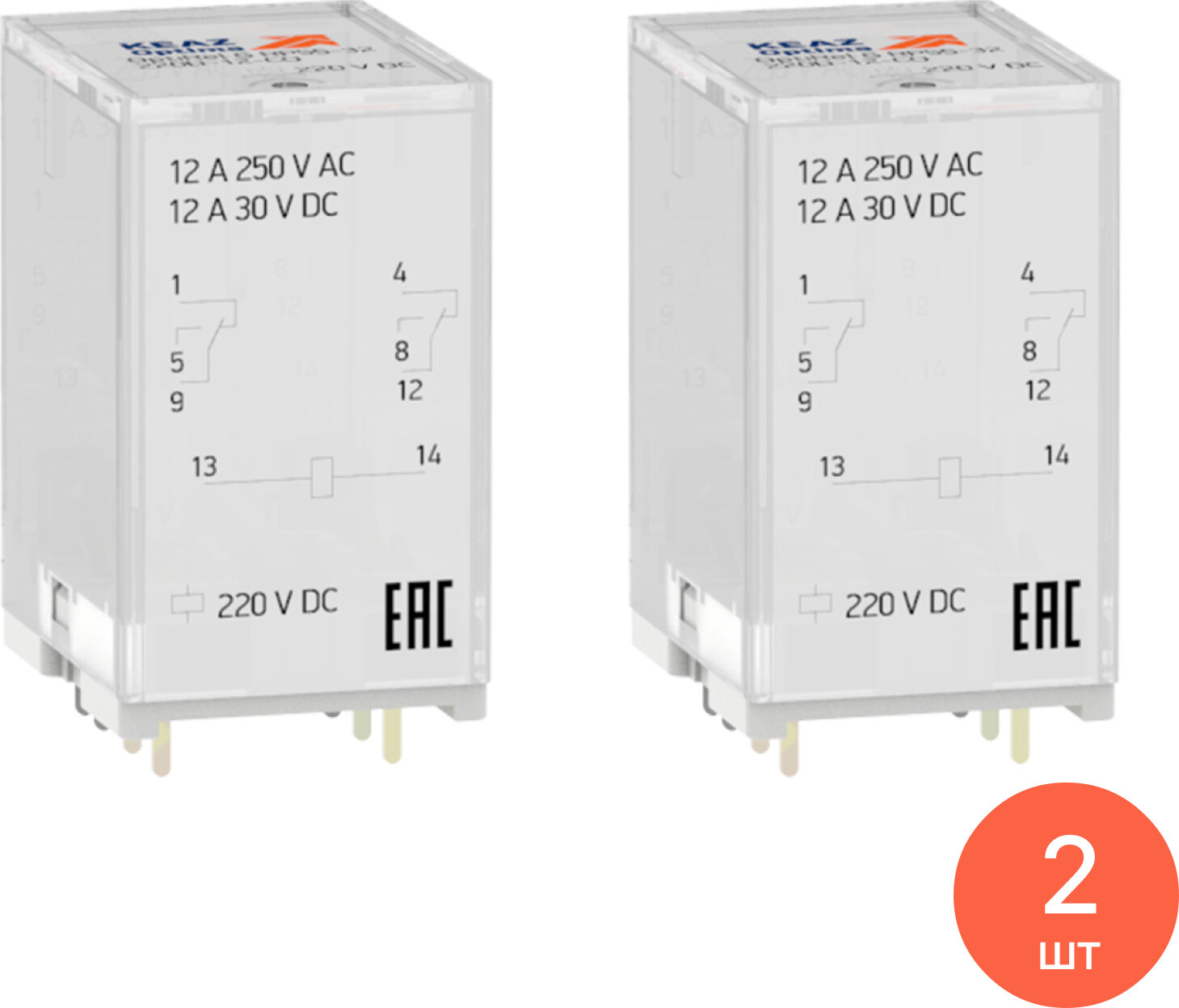 Реле промежуточное КЭАЗ OptiRel G RP55-32-24D-12-CO, 21x35.7x27.5мм, 12А 24В АC/DC, 281073 / электрика (комплект из 2 шт)