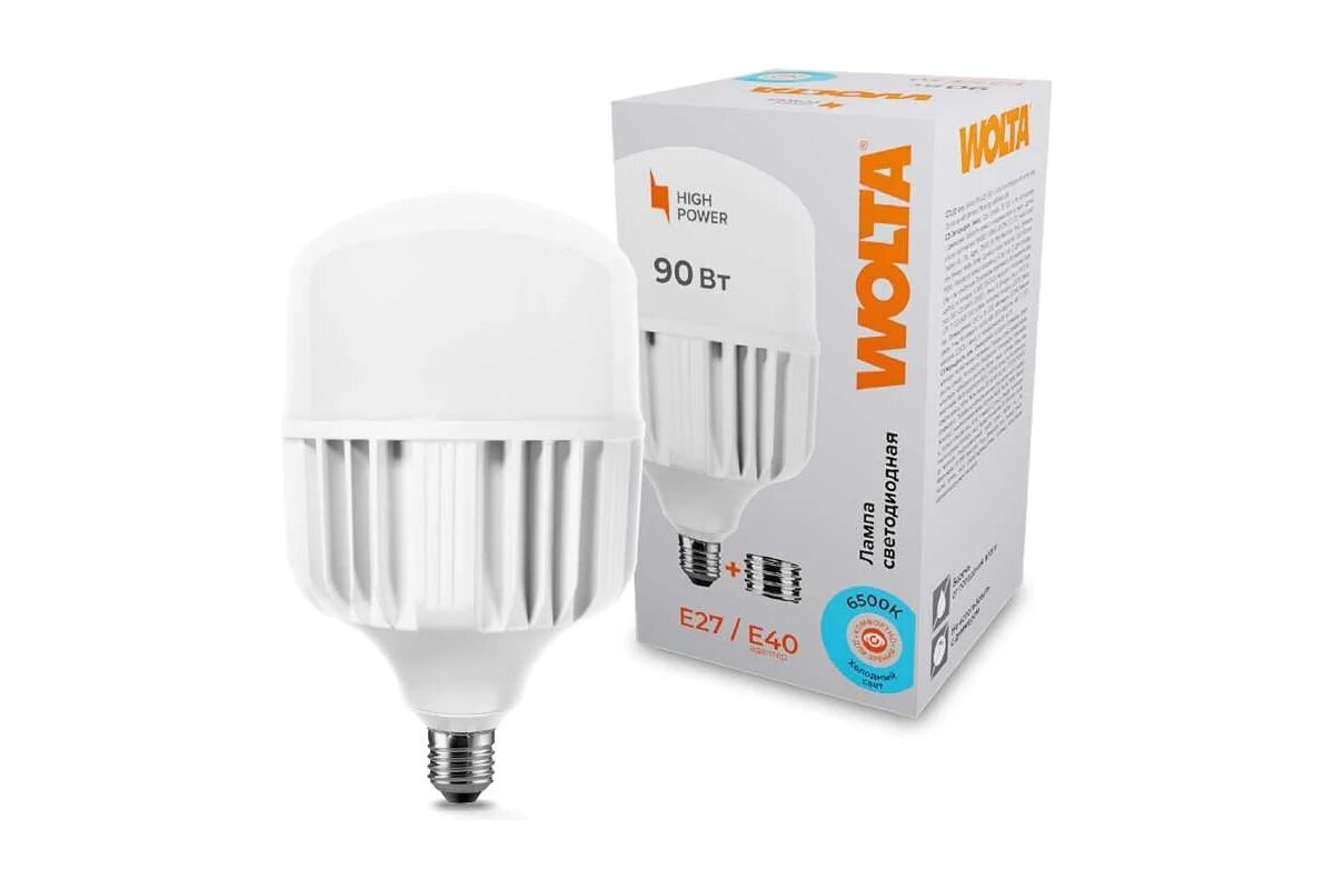 Wolta Светодиодная лампа LED 90 Вт, 6500К Холодный белый свет, цоколь Е27, с переходником Е40, 25WHP90E27/40