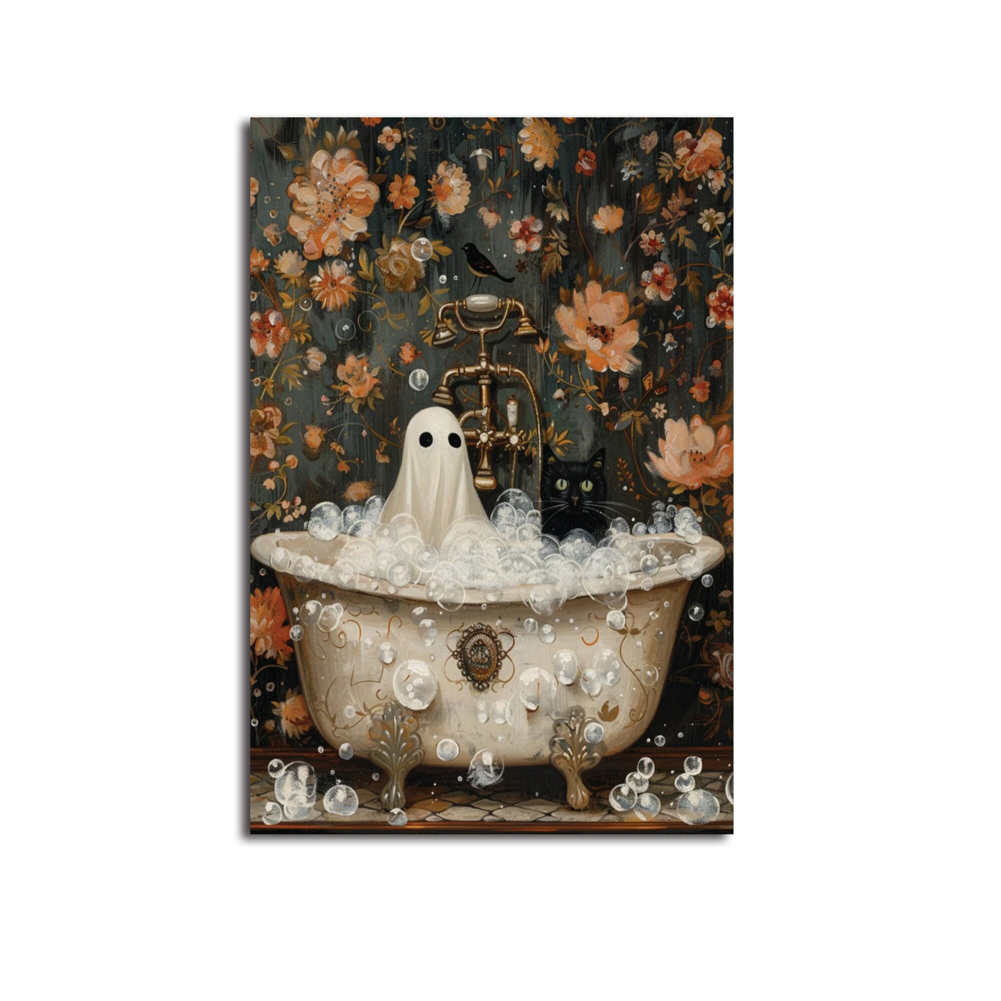 Абстрактный призрак и черная кошка в ванной, холст, yiqing 20X30cm No Frame