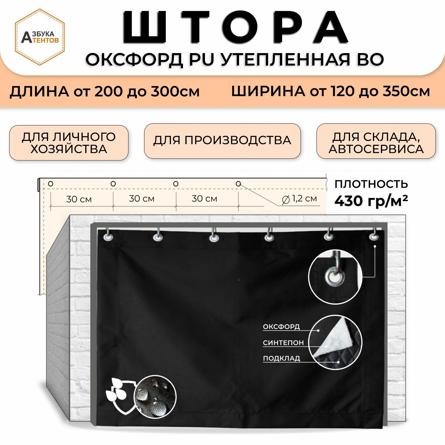 Штора утепленная с люверсами Оксфорд 600 для гаража 200х120, полог укрывной водоупорный, тент универсальный Азбука Тентов цвет черный