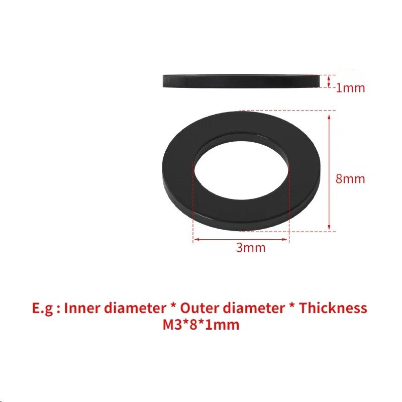 Плоские шайбы M2-M20 черные/белые/красные/синие/желтые Black, M3x7x1.0mm(100Pcs)