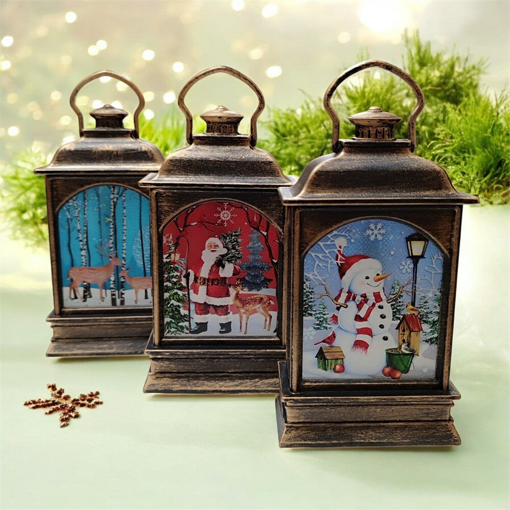 Набор фонариков со свечой, подсветкой | Игрушки-светильники на елку "Новогодние герои", 3 шт 14х7 см Под бронзу