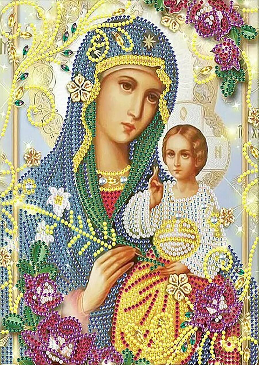 Мозаика без подрамника ZW001 "Икона Божьей Матери Неувядаемый цвет" размер полотна 25*30, размер выкладки 25*20, частичная выкладка