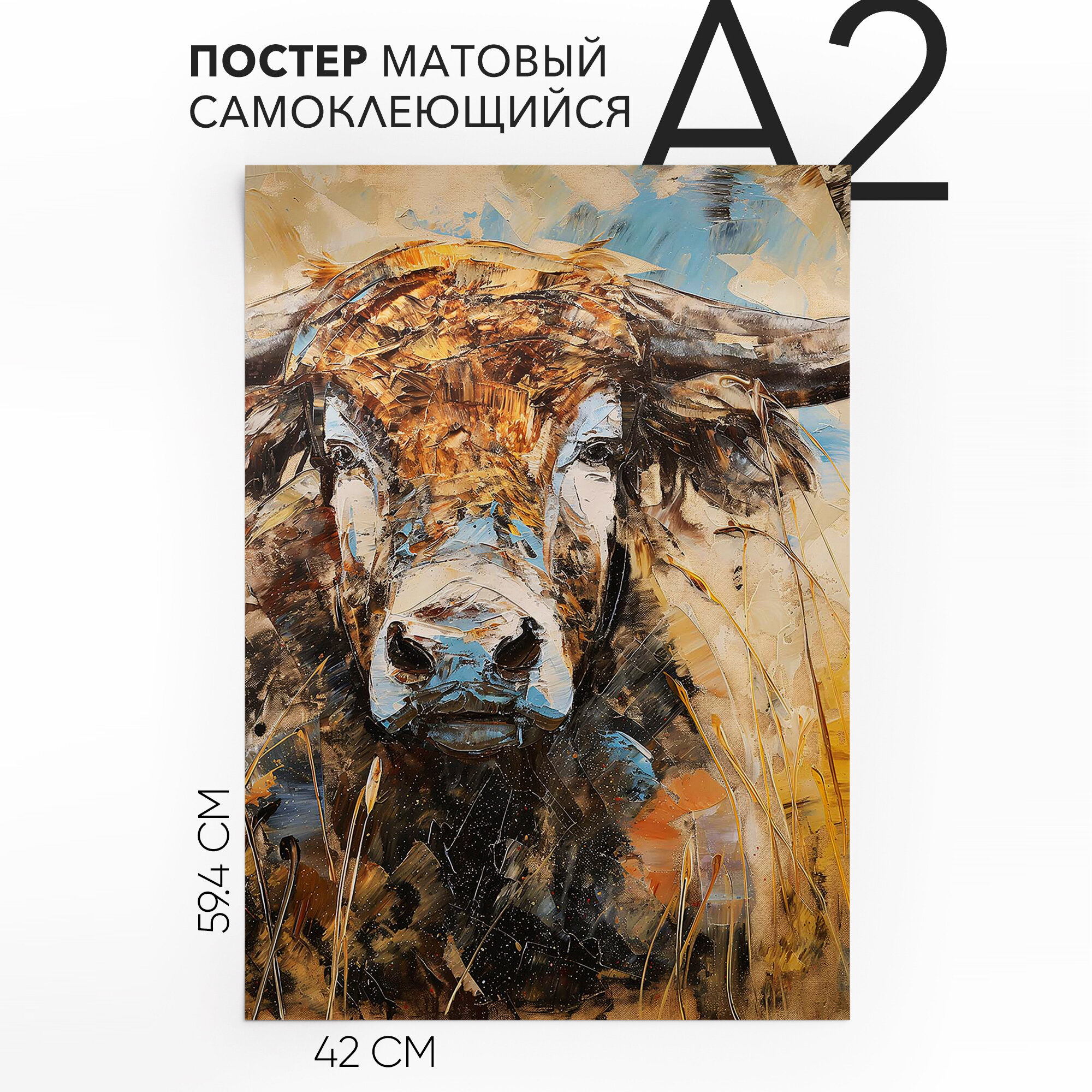 Интерьерные постеры на стену самоклеящийся, большой A2 Бык, влагостойкий, для декора