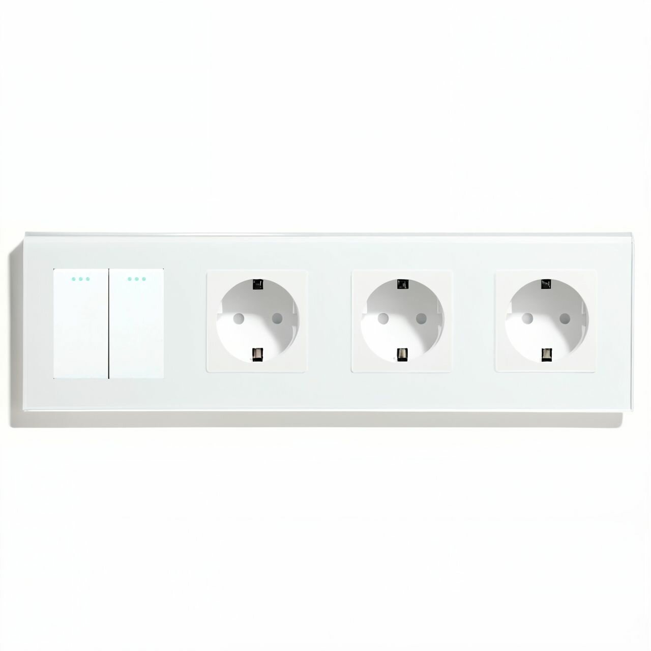 Выключатель с розеткой, 2 клавиши 3 розетки, 4 поста (M2+3F) рамка стекло 299х86мм цвет белый