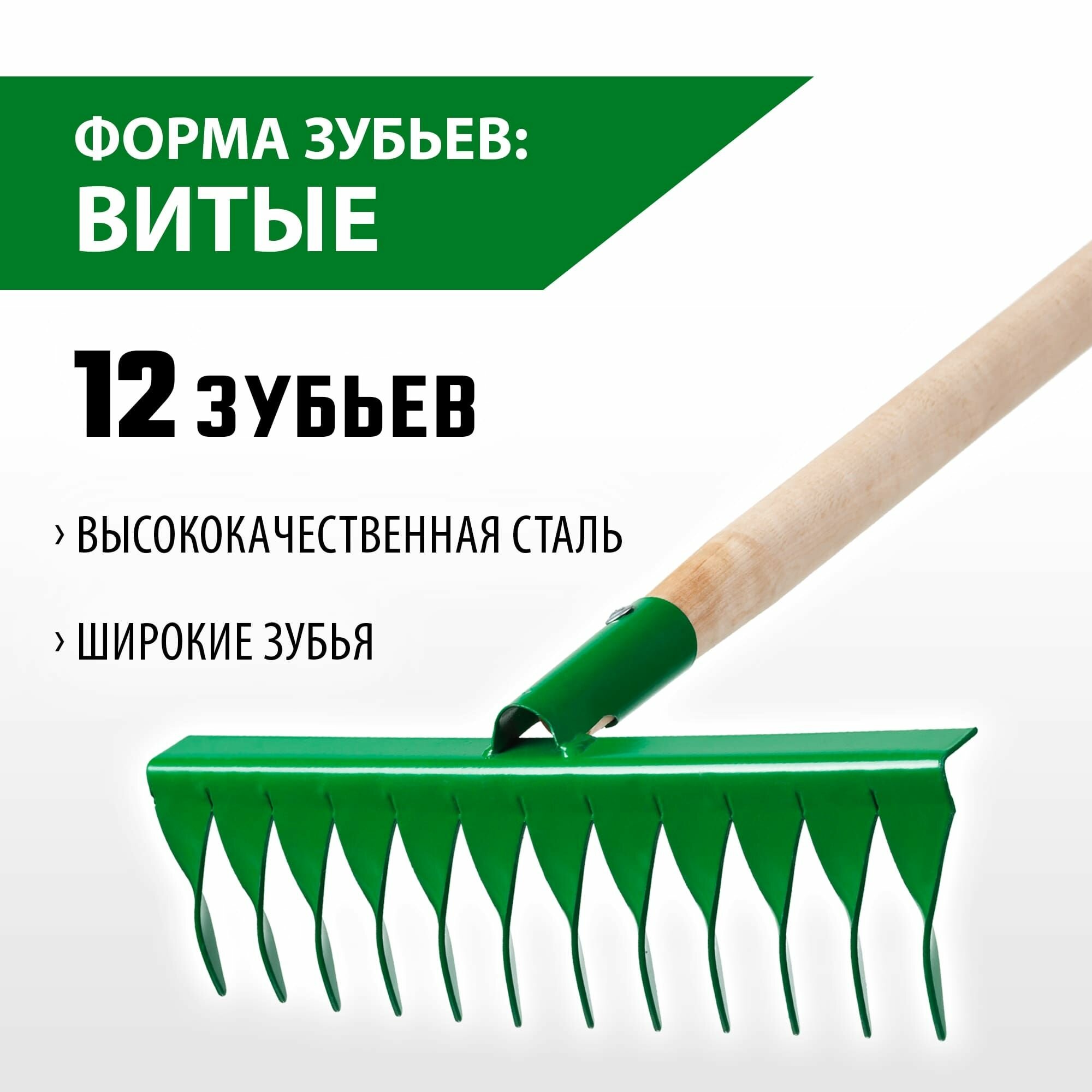 Росток 370 x 100 x 1300 мм, 12 витых зубьев, рабочая поверхность из стали, покрытие краска, черенок деревянный высш. сорт, грабли (421900-12)