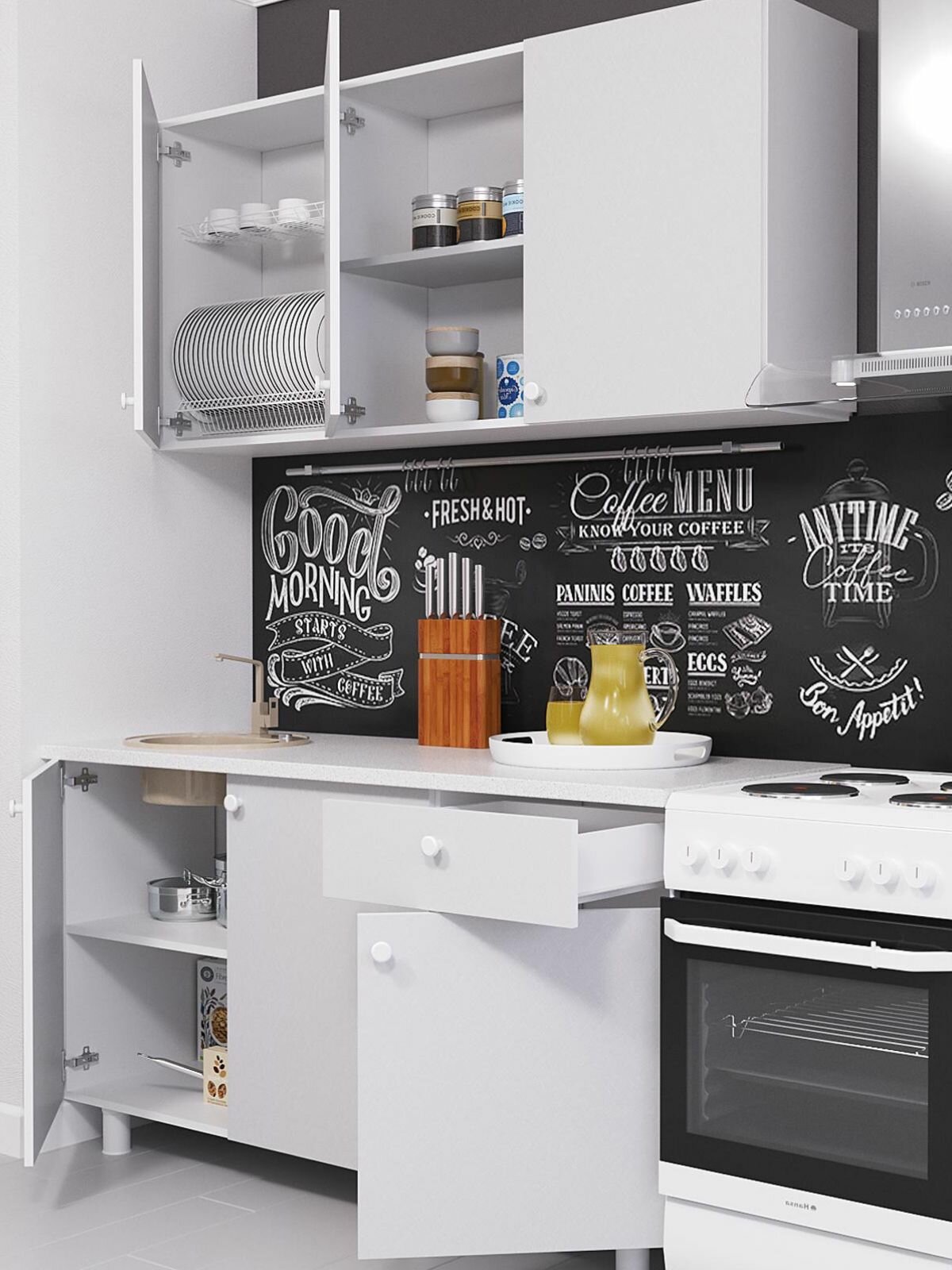 Кухонный гарнитур Горизонт Поинт, ЛДСП, 1500х2110х60 мм, белый