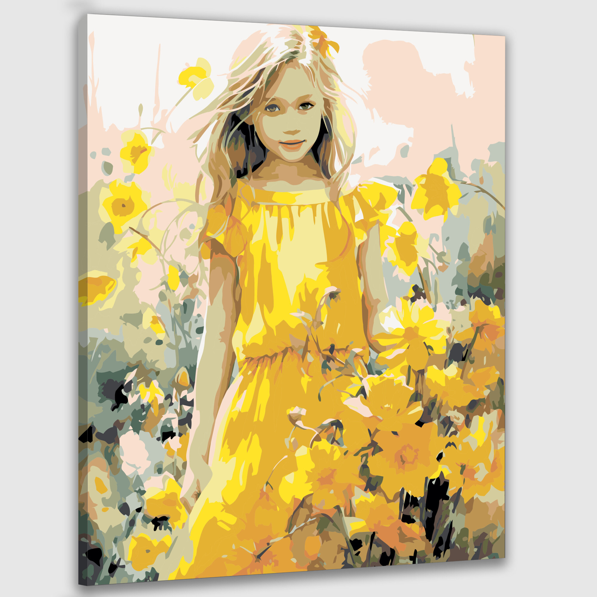Картина по номерам 40x50 см, акварель, картина, молодая девушка, поле, цветы, ярко-желтое платье, контраст