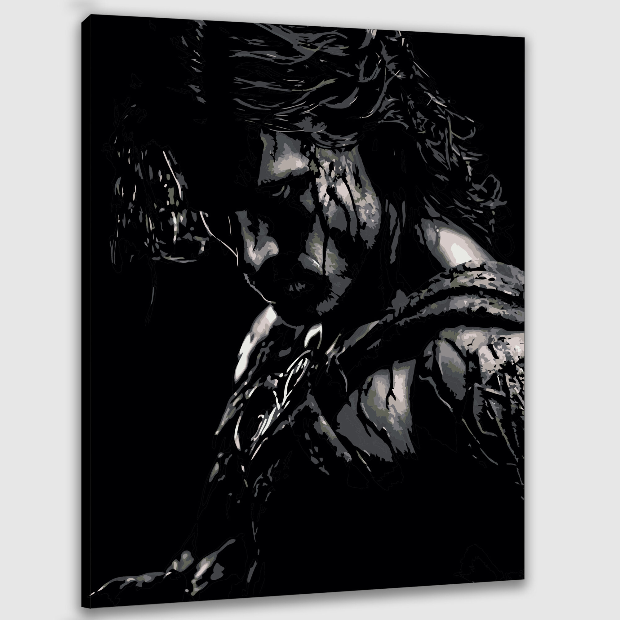 Картина по номерам 40x50 см, воин-берсерк, черно-белая фотография, мощь, ярость, мышцы, напряжение, меч, пот, освещение