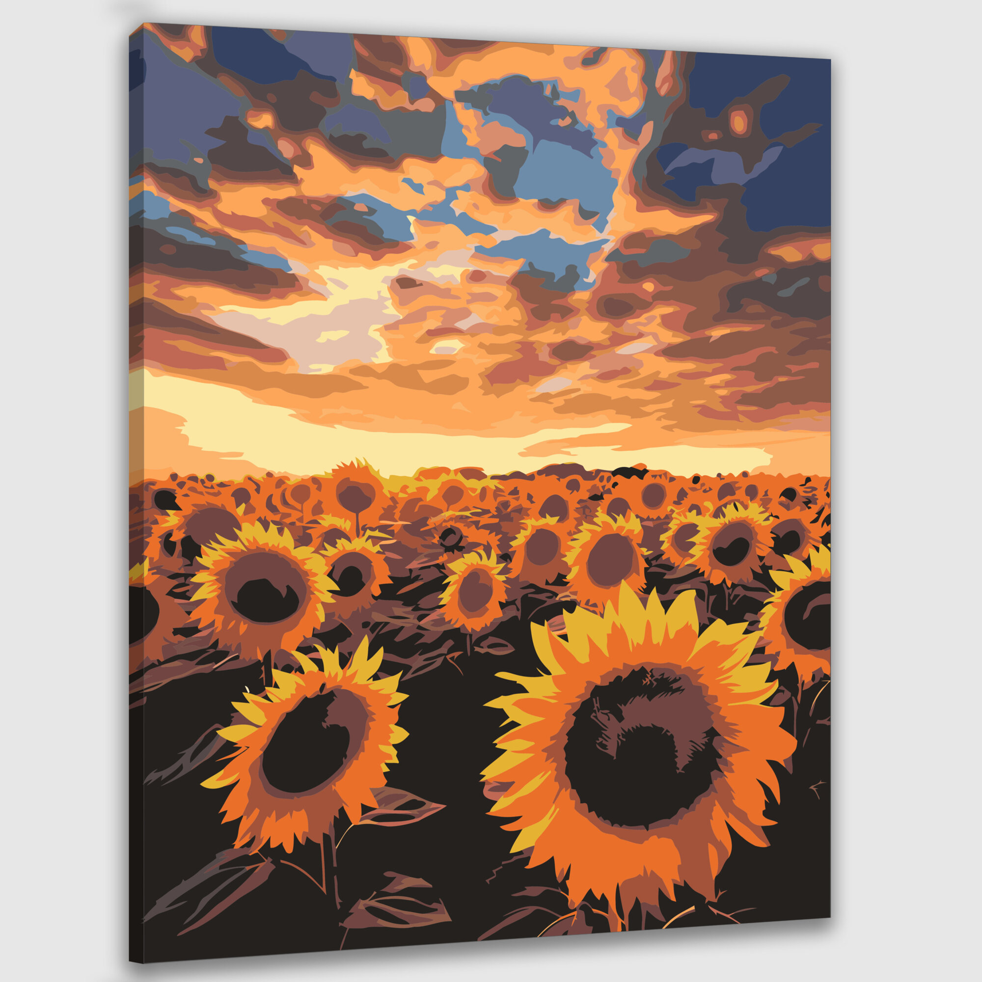 Картина по номерам 40x50 см, поля подсолнухов, закат, фотография, Ван Гог, подсолнухи, ярко-желтые, лепестки