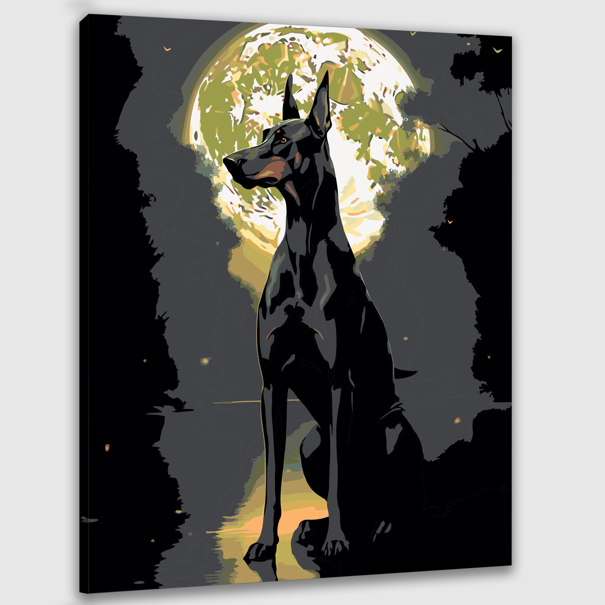 Картина по номерам 40x50 см, доберман, фотография, луна, черная шерсть, блеск, свет, ночь, тайна, аура