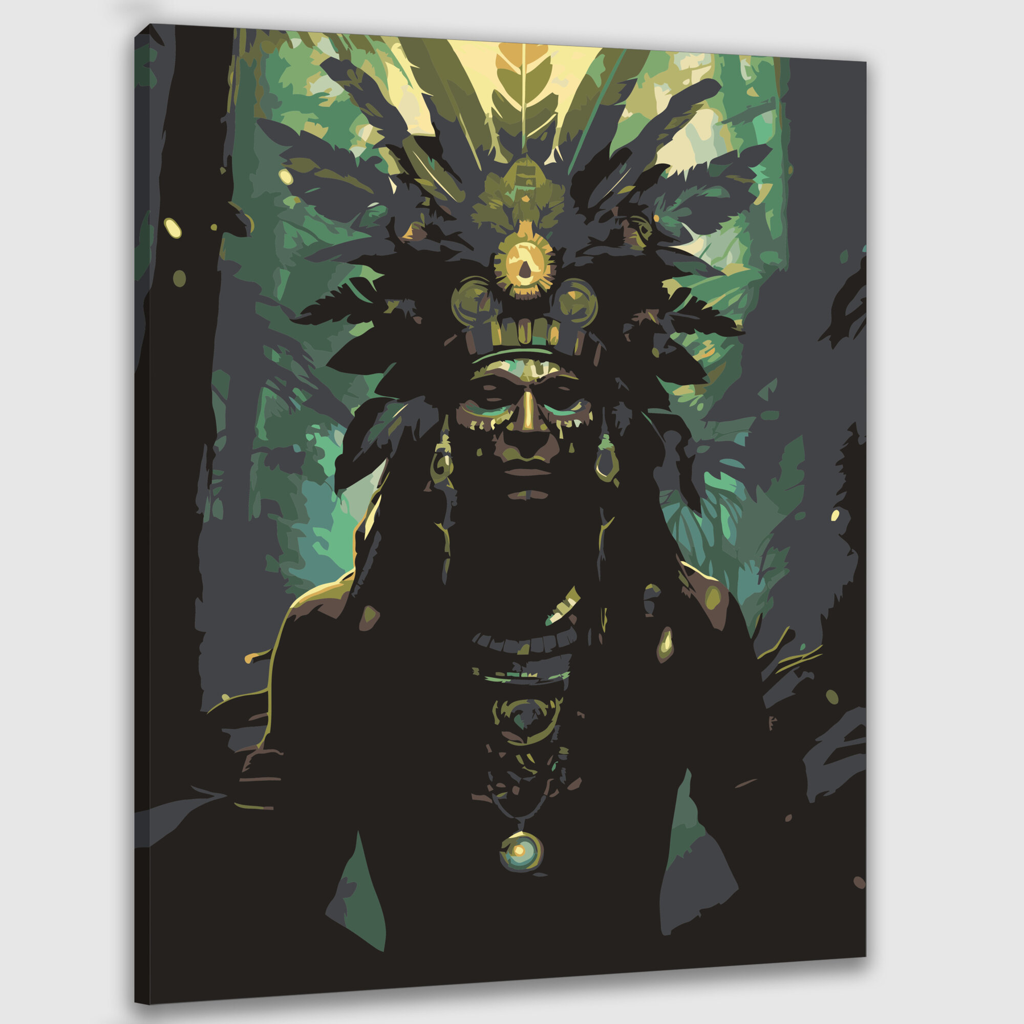 Картина по номерам 40x50 см, шаман, племенная одежда, аксессуары, тропический лес, глаза, мудрость, сила, флора