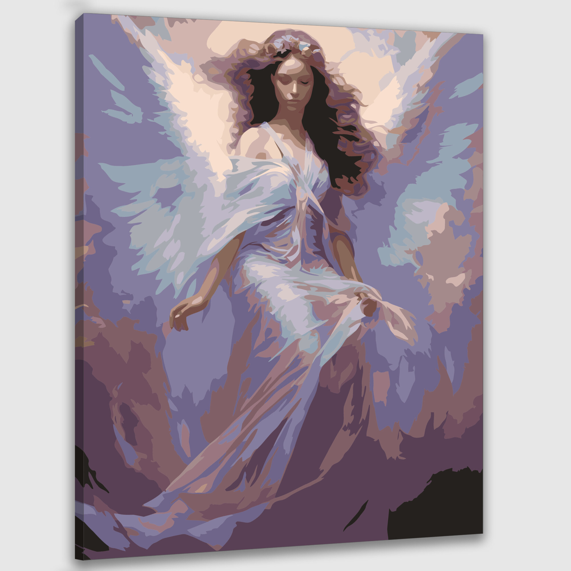 Картина по номерам 40x50 см, картина, маслом, ангел, фиолетовое платье, крылья, сияние, ореол света, фон, небесный