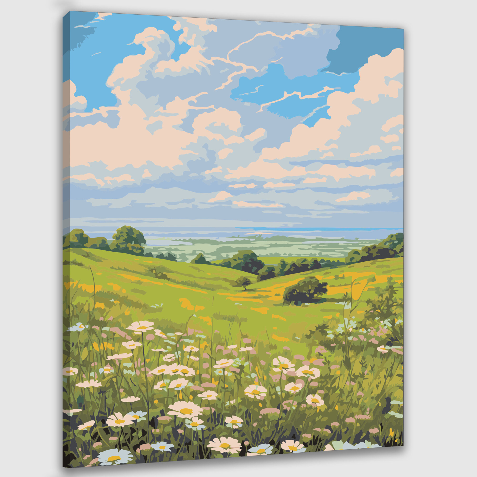 Картина по номерам 40x50 см, сельская местность, зеленые поля, полевые цветы, ясное небо, белые облака, спокойствие