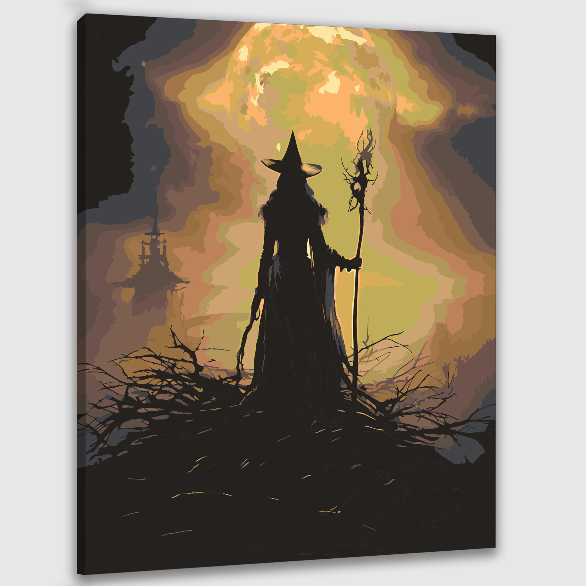 Картина по номерам 40x50 см, фотография, ведьма, костюм, холм, туман, звездное небо, метла, полумесяц